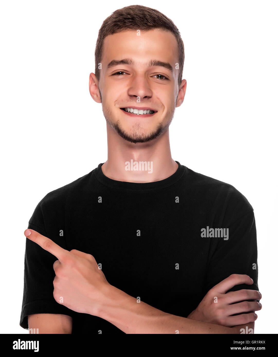 Man points to an empty space. Isolated on white Stock Photo - Alamy