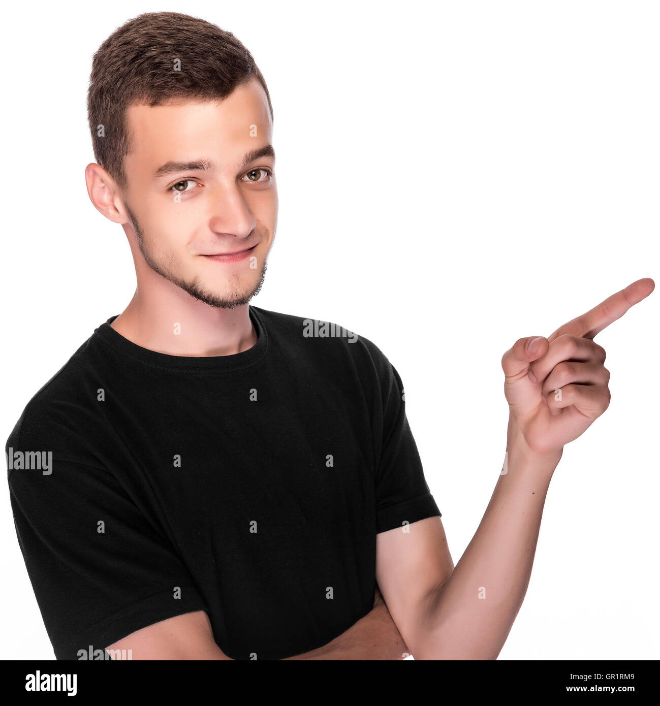 Man points to an empty space.. Isolated on white Stock Photo - Alamy