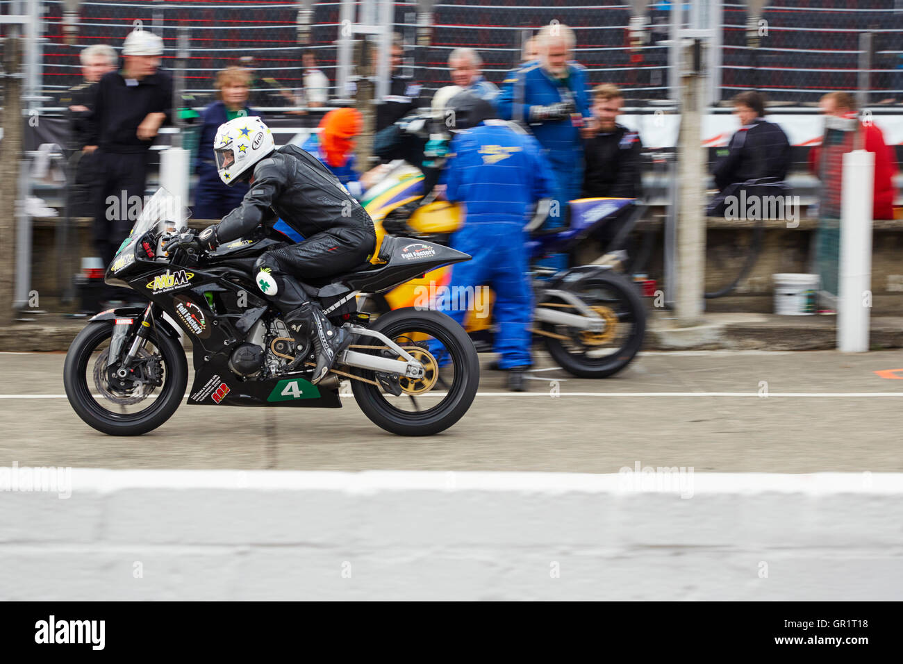 David Lumsden leaving the pit lane in the 2016 Manx Grand Prix ...