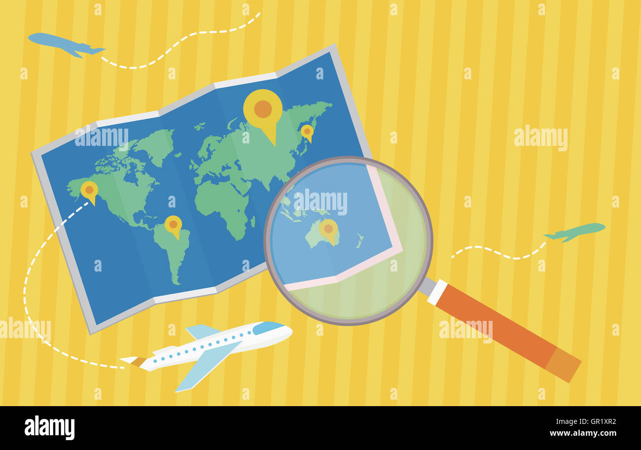 Magnifying glass with world map Stock Photo - Alamy