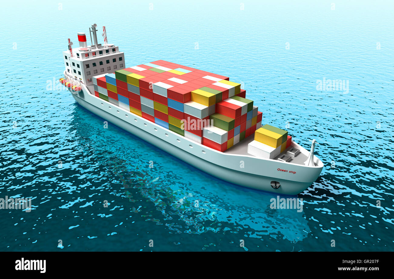 Cargo vessel . 3D illustration of cargo ship in the sea . My own ship ...