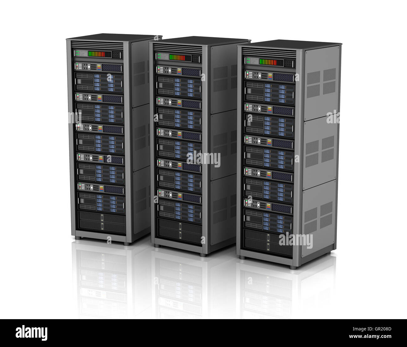 Row of network servers in data center isolated on white background . 3D ...