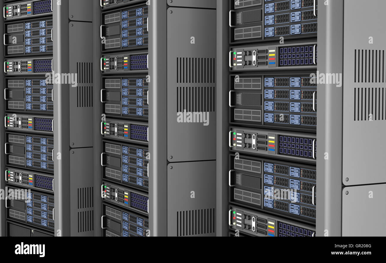 Row of network servers in data center isolated on white background . 3D ...