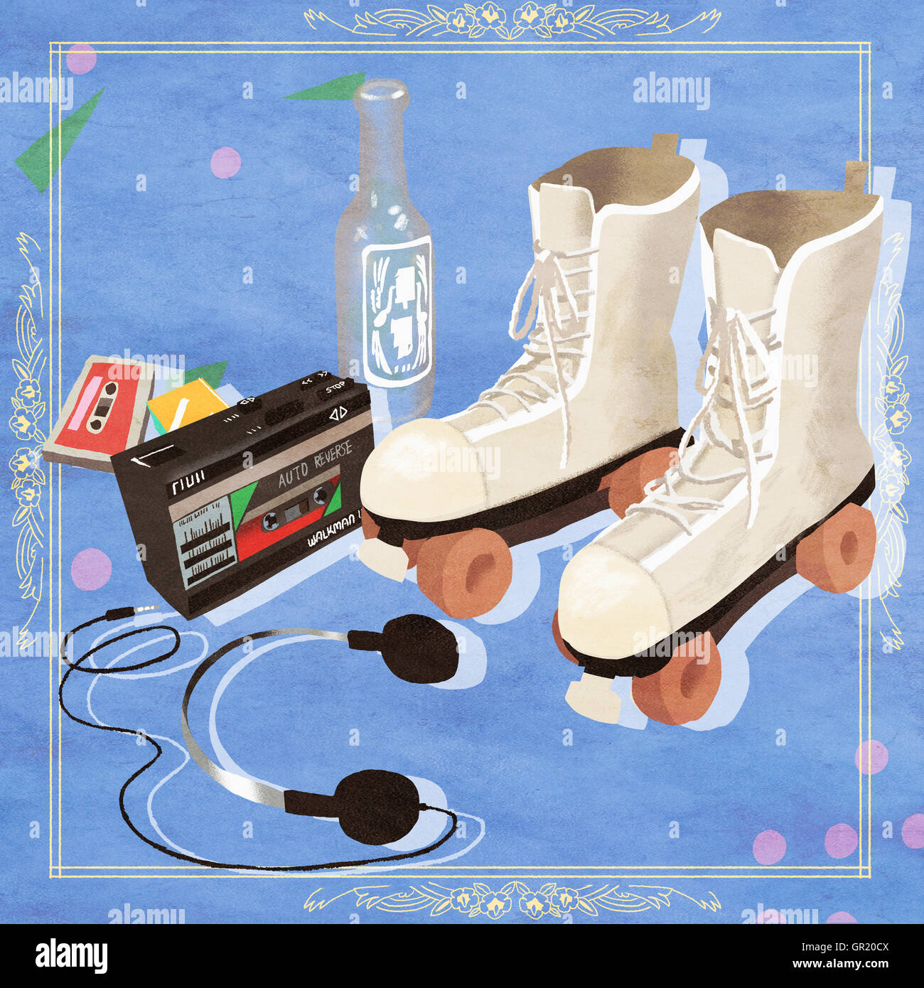 Vintage objects like roller skates and headphones Stock Photo - Alamy