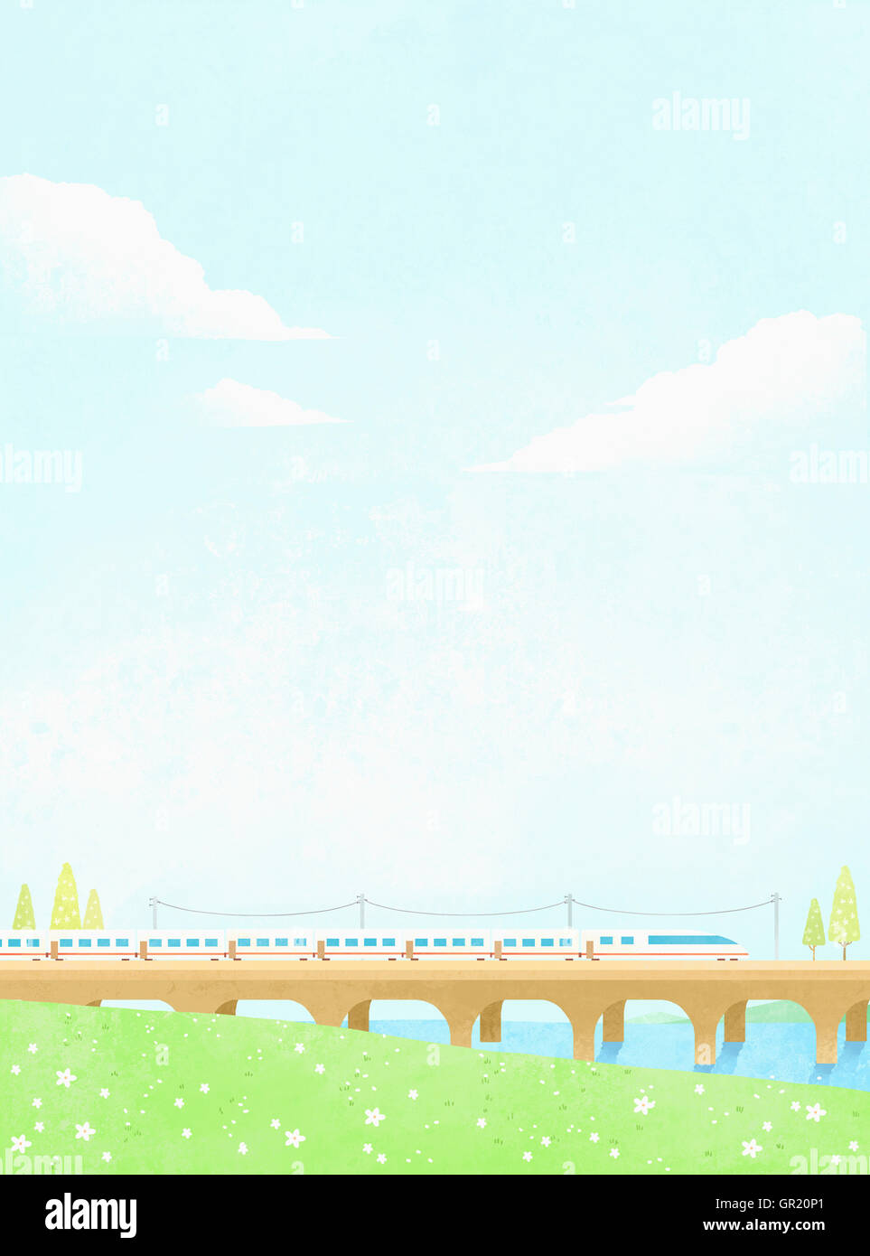 View of spring with train on a bridge Stock Photo - Alamy