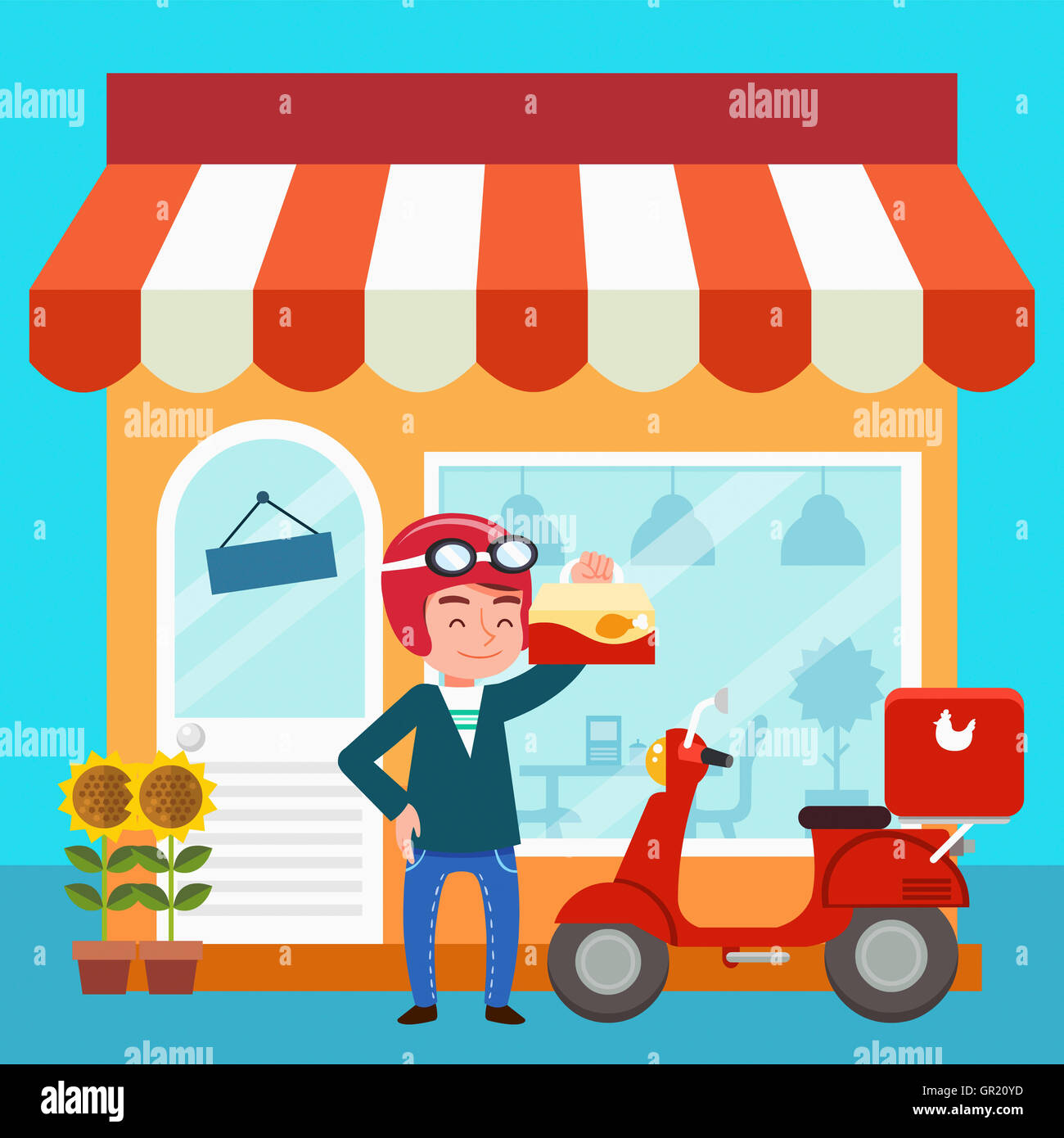 Smiling delivery man holding fried chicken Stock Photo - Alamy
