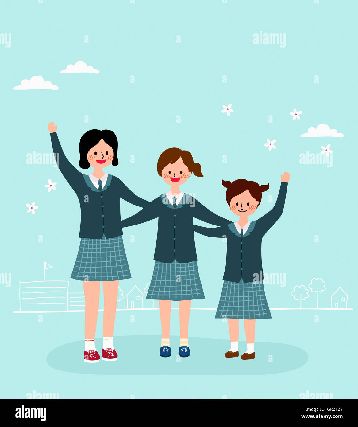 Smiling school girls waving hands Stock Photo - Alamy