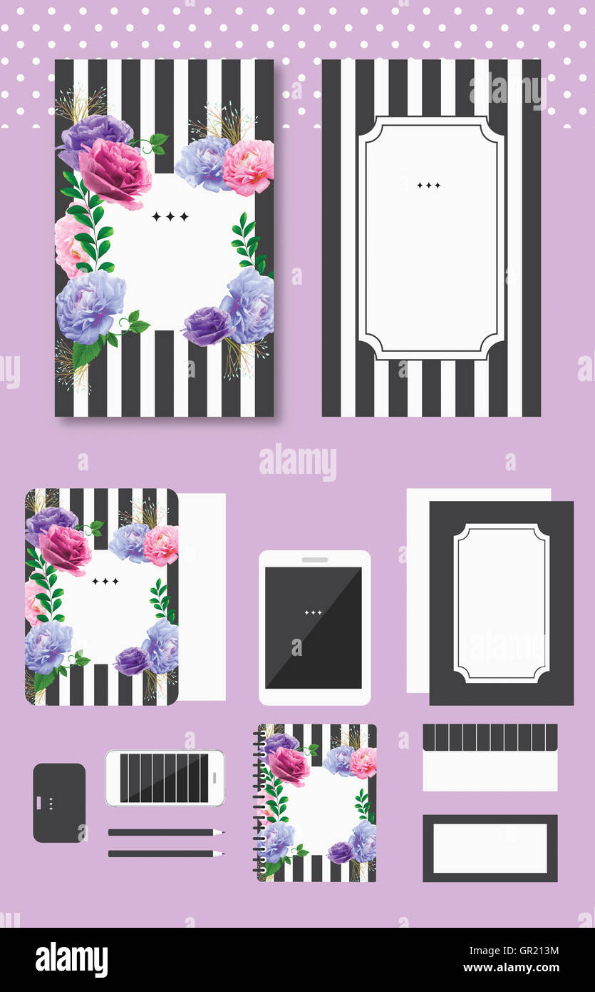 Design for various objects with flowers and stripes Stock Photo - Alamy