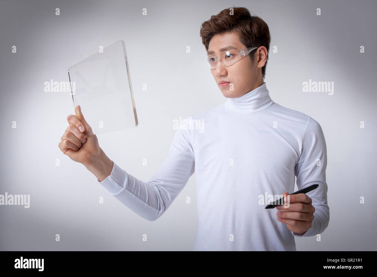 Man with touch screen Stock Photo - Alamy