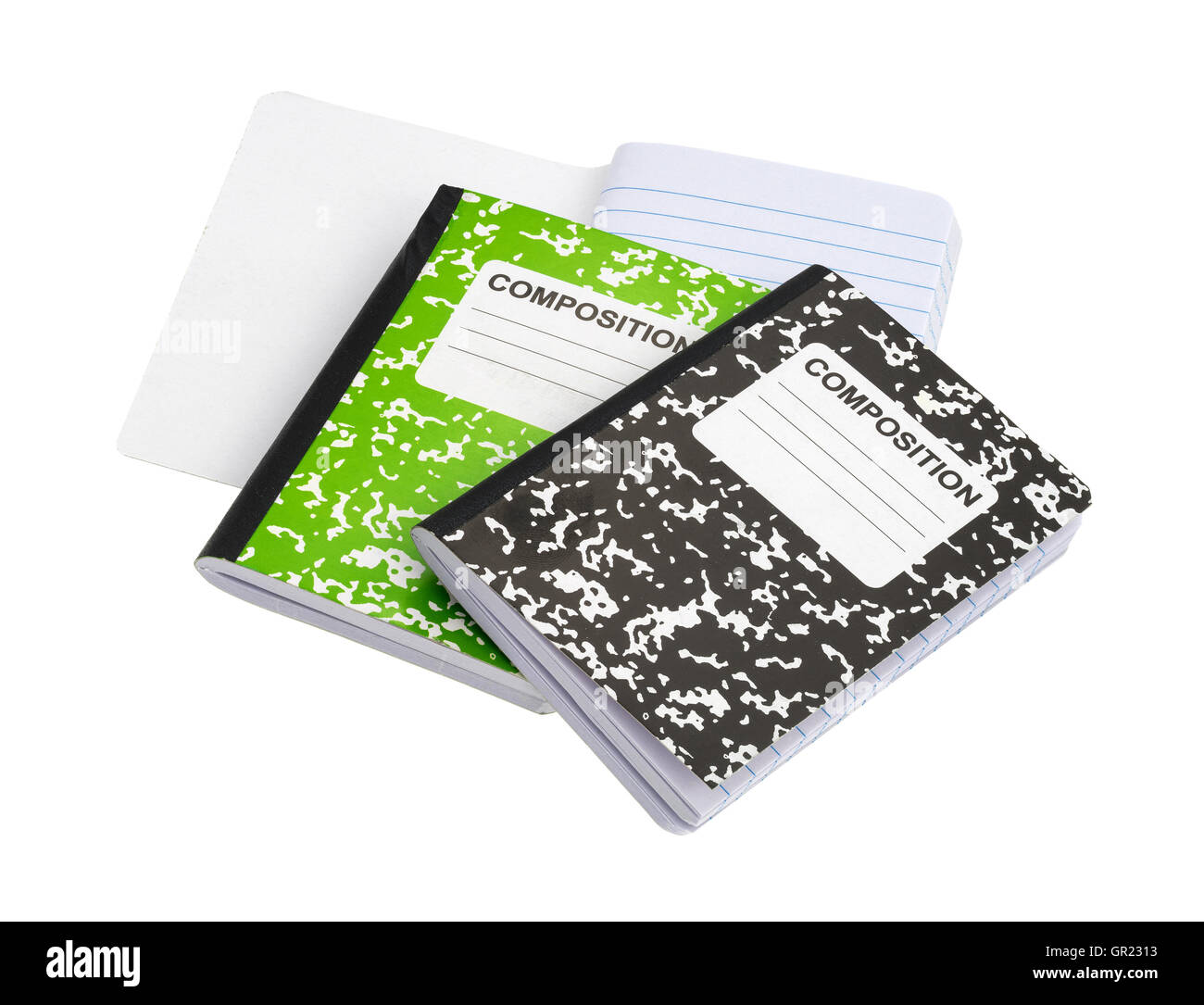 Three composition notebooks with one opened on a white background Stock ...