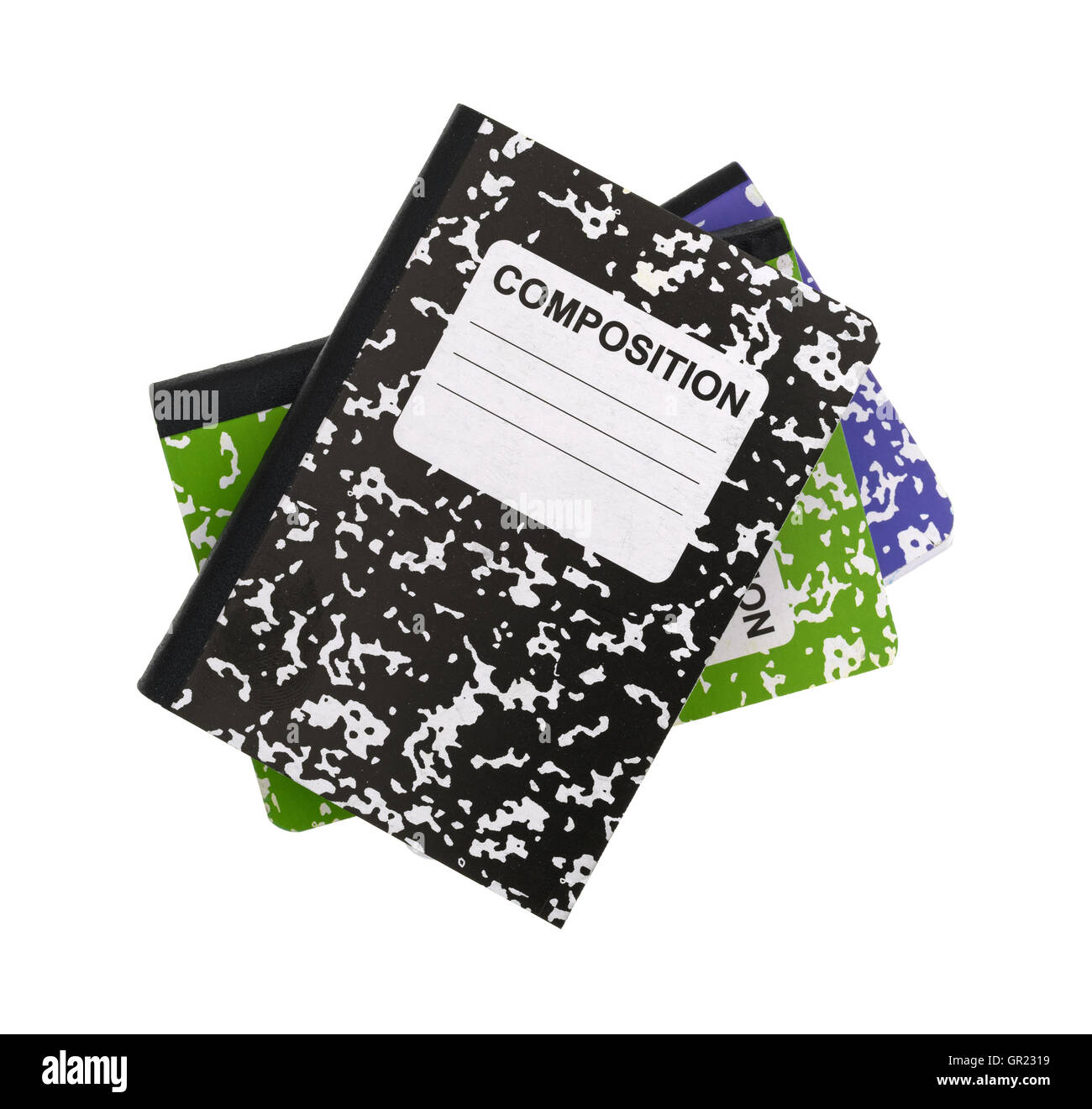 Top view of three composition notebooks on a white background Stock ...