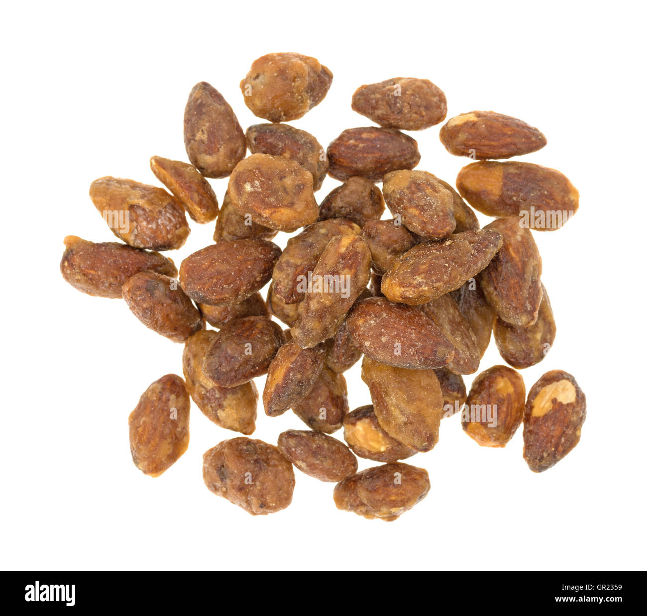 Top view of a portion of honey glazed almonds on a white background ...