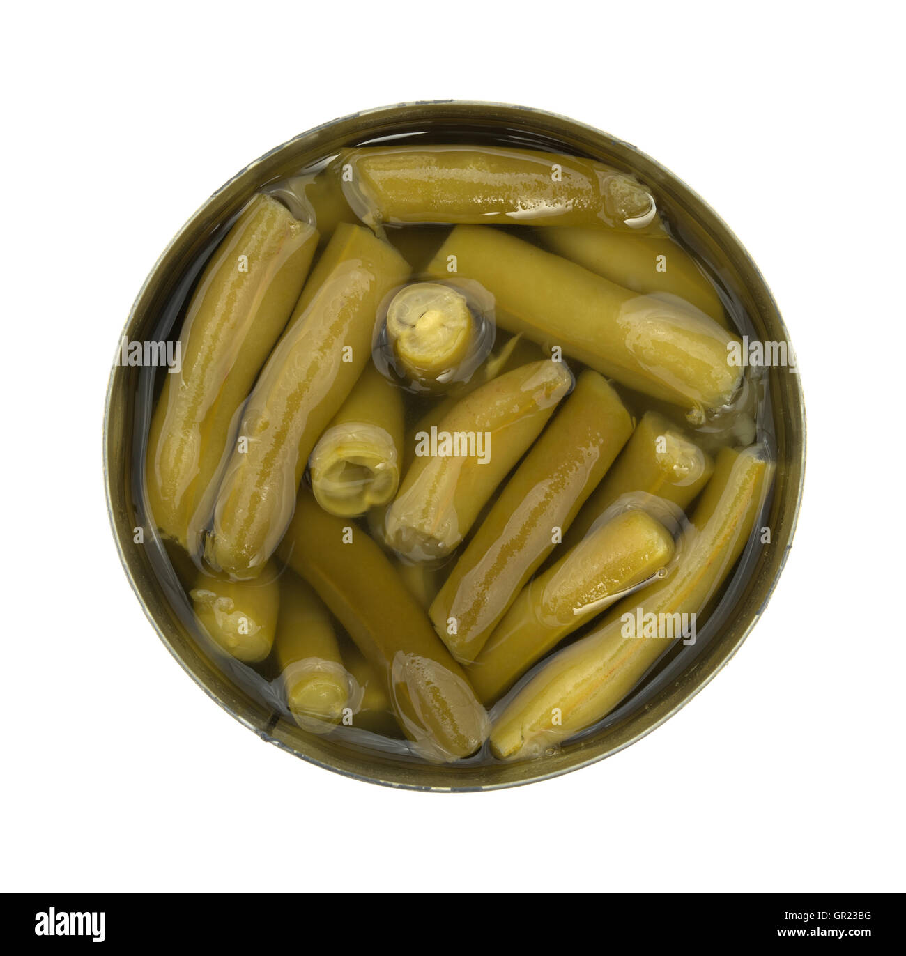 Top view of an opened can of organic cut green beans isolated on a ...