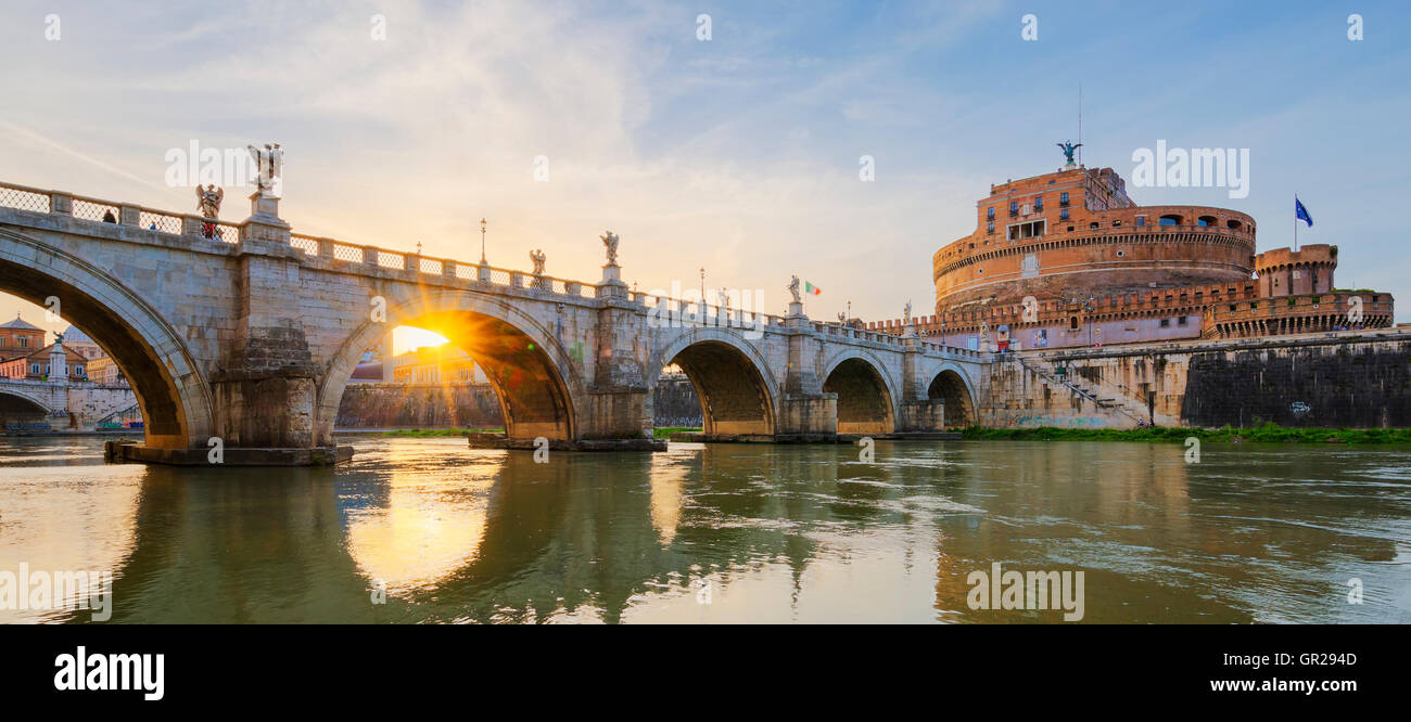 Castle of Holy Angel and Holy Angel Bridge over the Tiber River in Rome at sunset Stock Photo ...