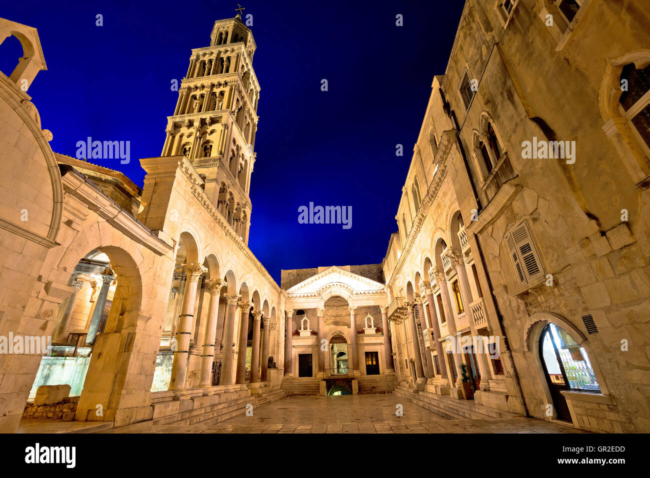 Split historic landmarks evening view of cathedral and Peristil square ...