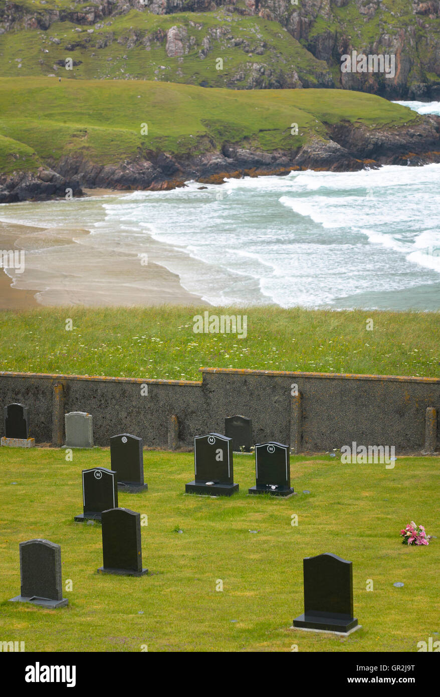 Scottish landscape with graveyard and coastline. Scotland. UK. Vertical ...
