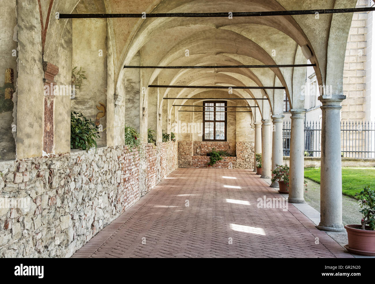 Medieval arcade corridor at Telc castle, Czech republic. Architectural ...