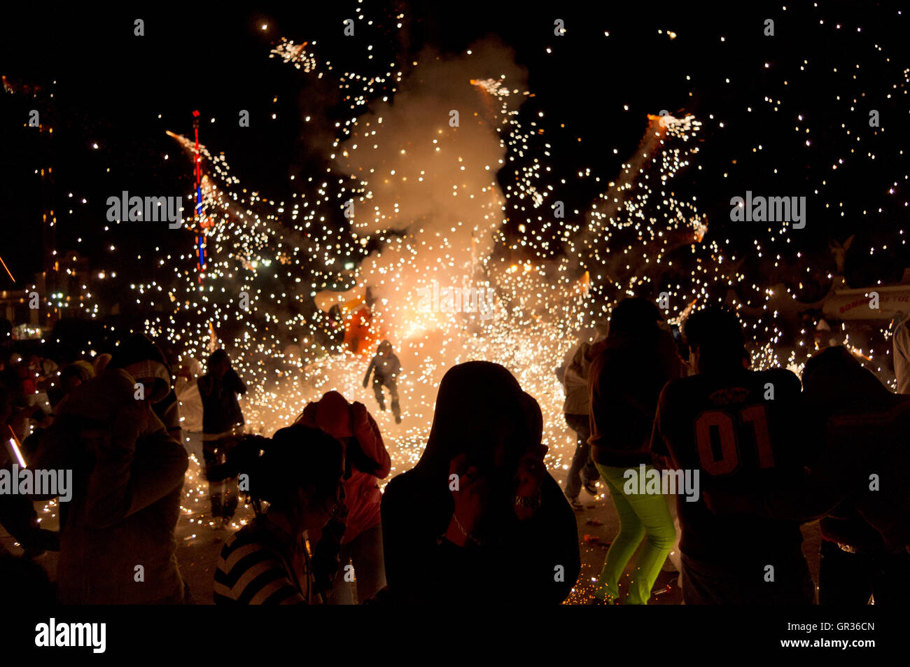 Burning (quema) of pyrotechnic bulls (toritos) during the National ...