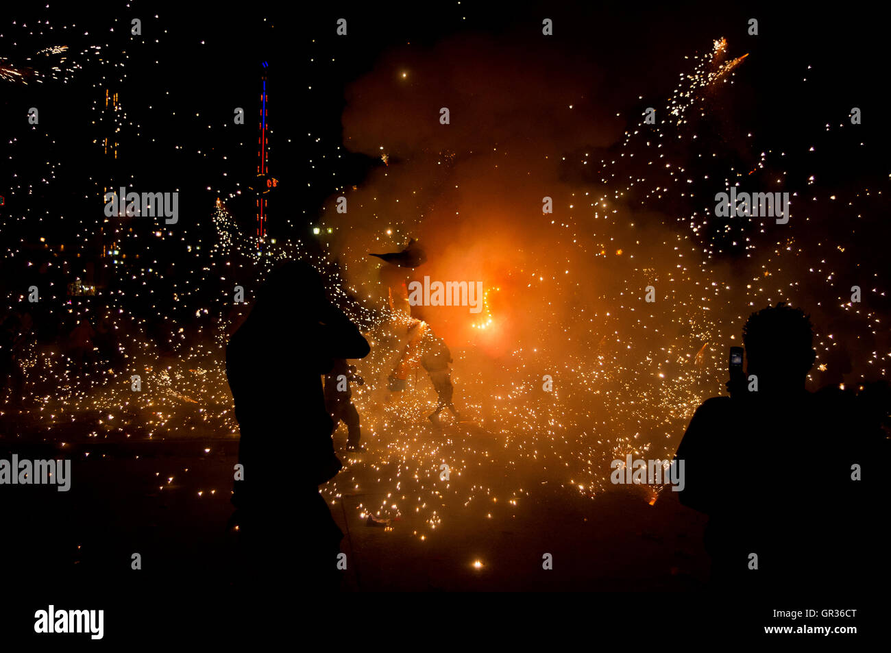 Burning (quema) of pyrotechnic bulls (toritos) during the National ...