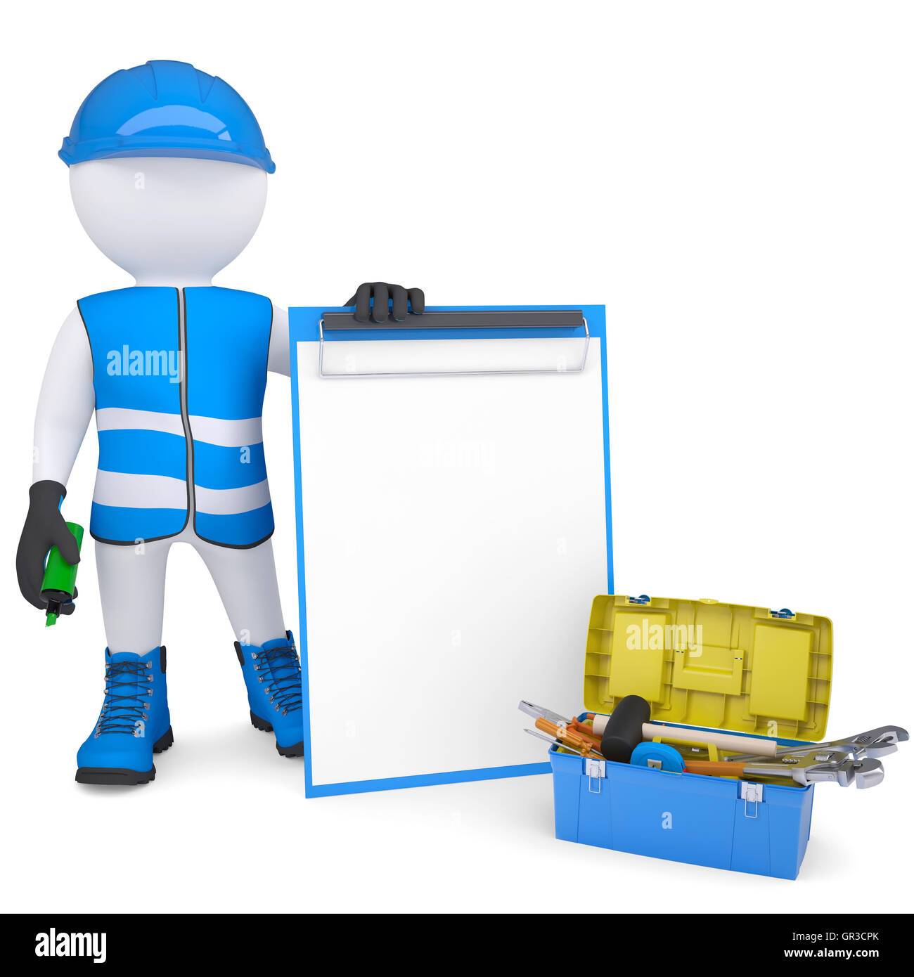 3d white man in overalls with checklists and tools Stock Photo - Alamy
