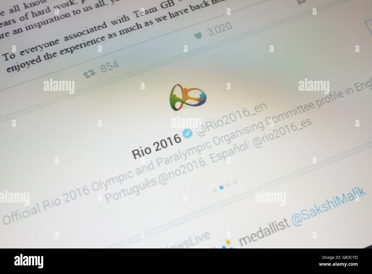 The Rio 2016 page on Twitter displayed on a tablet screen Stock Photo ...