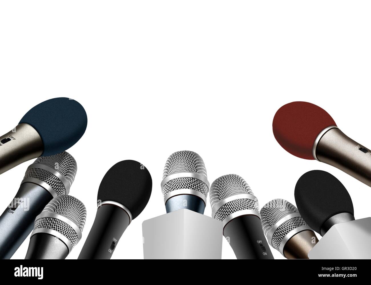 Press conference microphones over white Stock Photo - Alamy