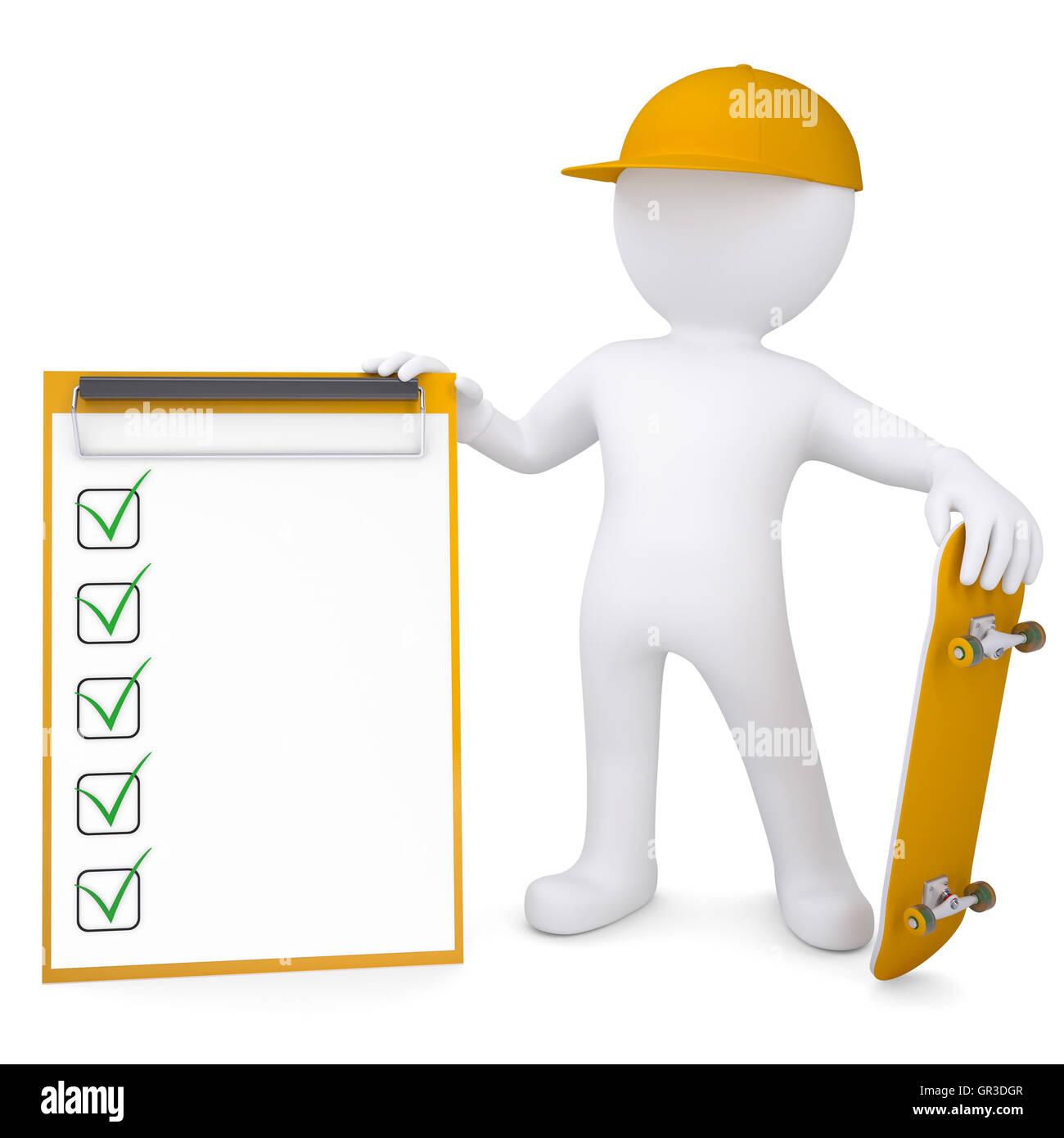 3d white man holding a skateboard and a checklist Stock Photo - Alamy