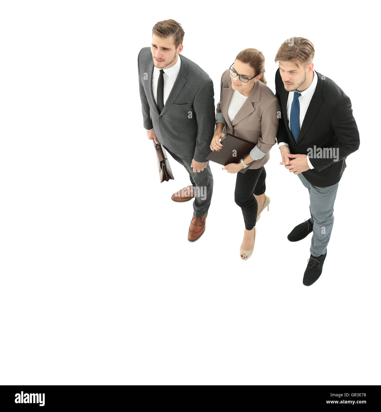 Happy business people looking at something isolated on white Stock ...