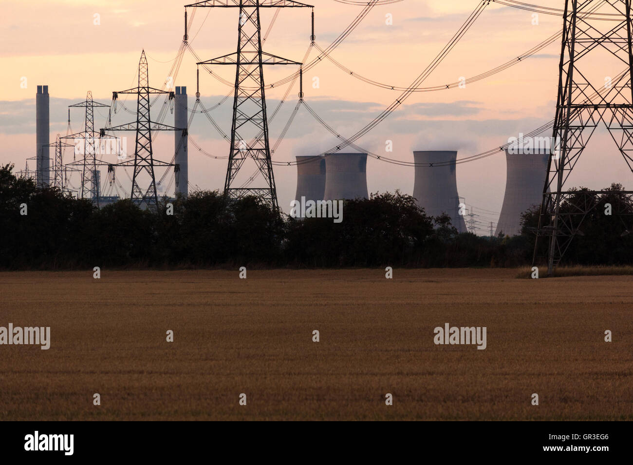 West Burton power station cooling towers and transmission towers pylons ...