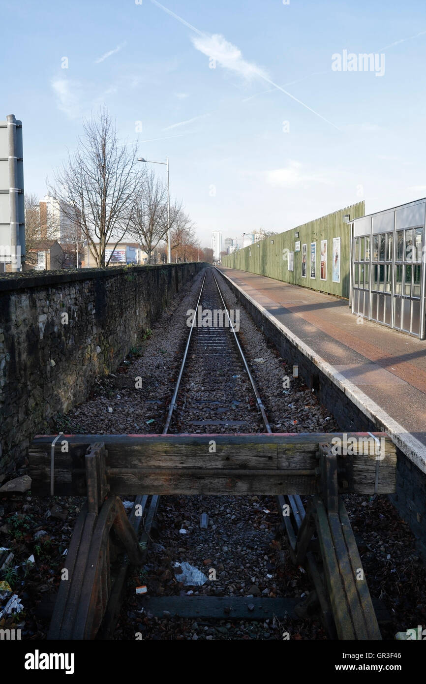 Cardiff Bay railway station, Wales UK. End of the single track branch ...