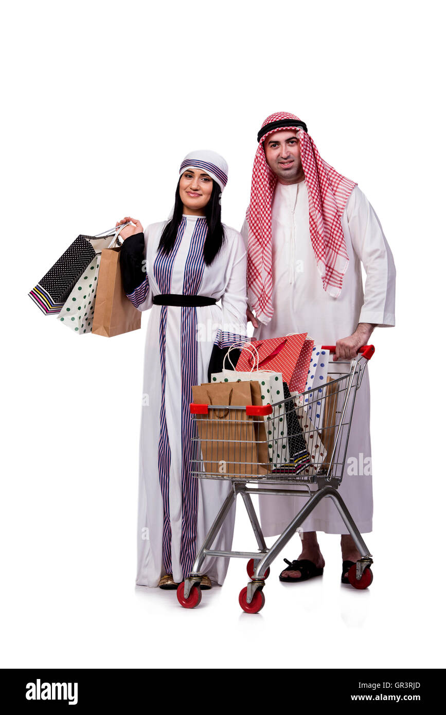 Happy arabic family after shopping isolated on white Stock Photo - Alamy