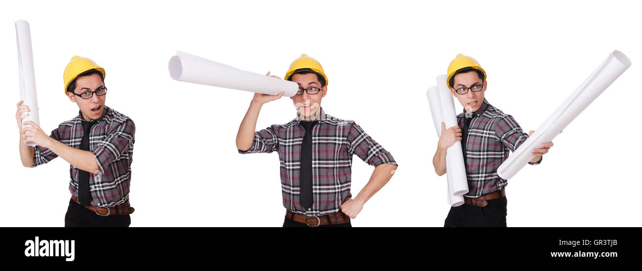 Funny man with blueprints on white Stock Photo - Alamy