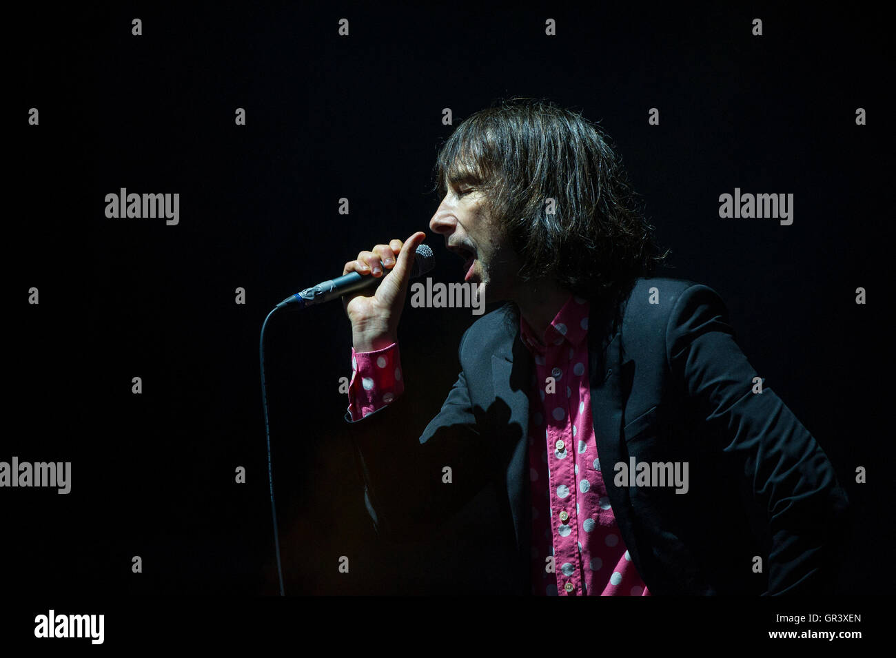 Bobby Gillespie lead singer of Primal Scream preforming ahead of ...