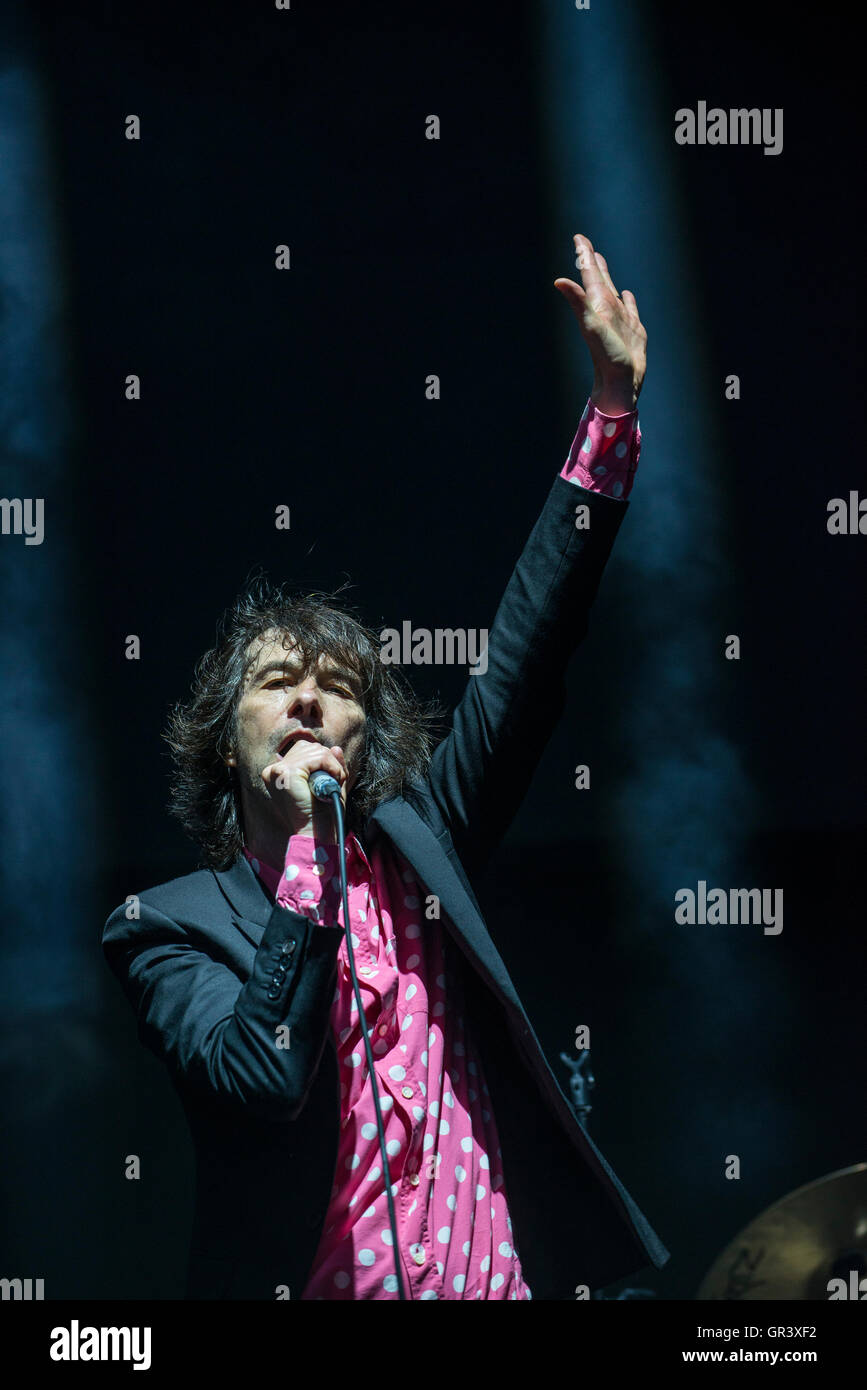 Bobby Gillespie lead singer of Primal Scream preforming ahead of ...