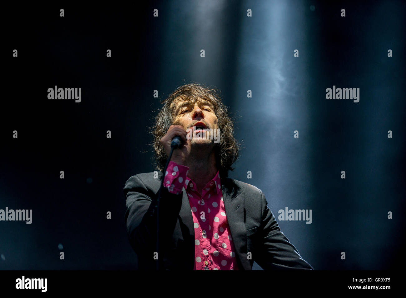 Bobby Gillespie lead singer of Primal Scream preforming ahead of ...