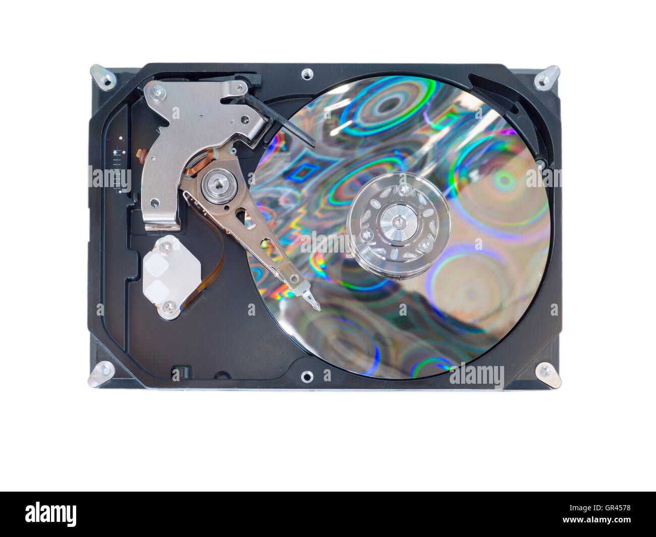 Opened computer hard drive reflecting blurred circles pattern isolated ...