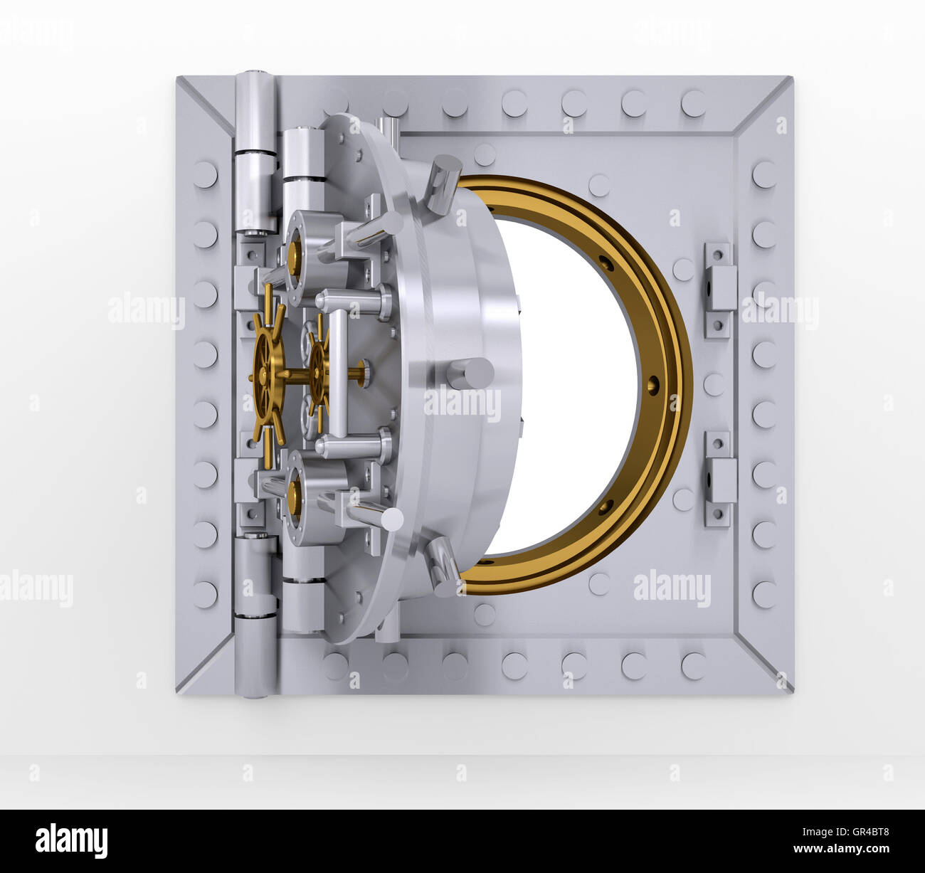 Bank vault door on gray wall Stock Photo - Alamy