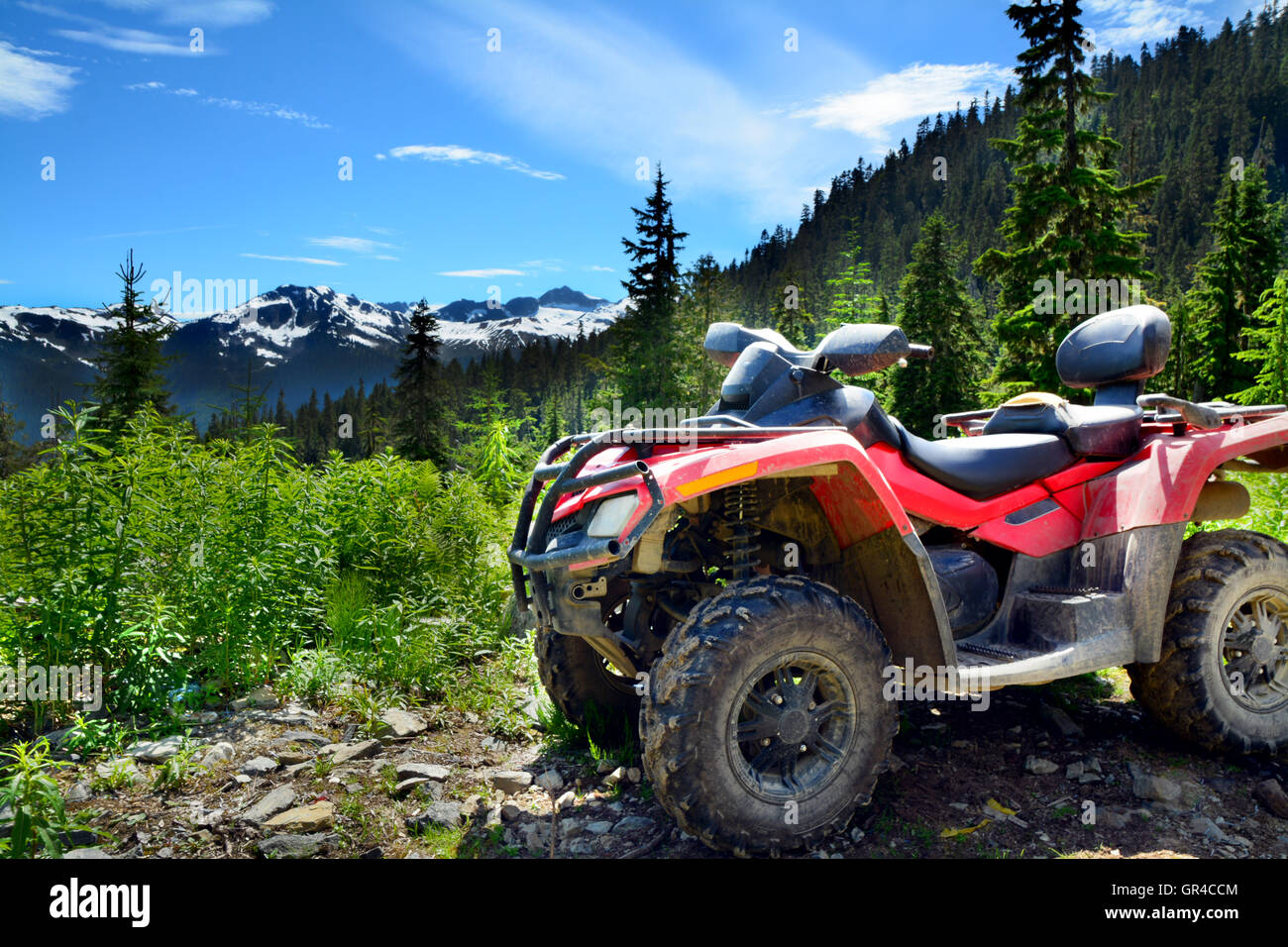 Red Black ATV (All Terrain Vehicle) Parked on Mountainous Forest Gravel ...