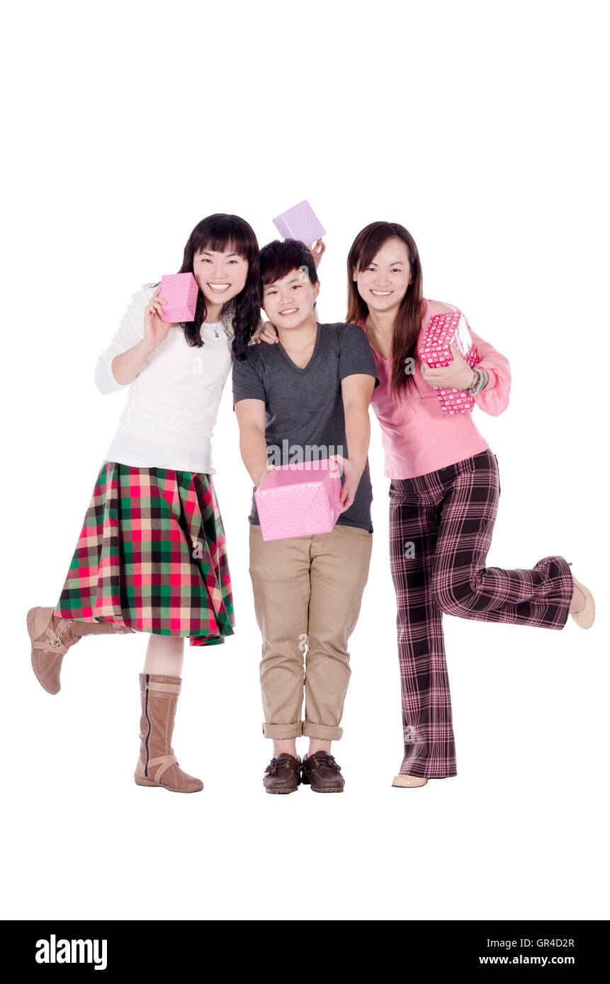 Pretty girls holding the box of gift on white background Stock Photo ...