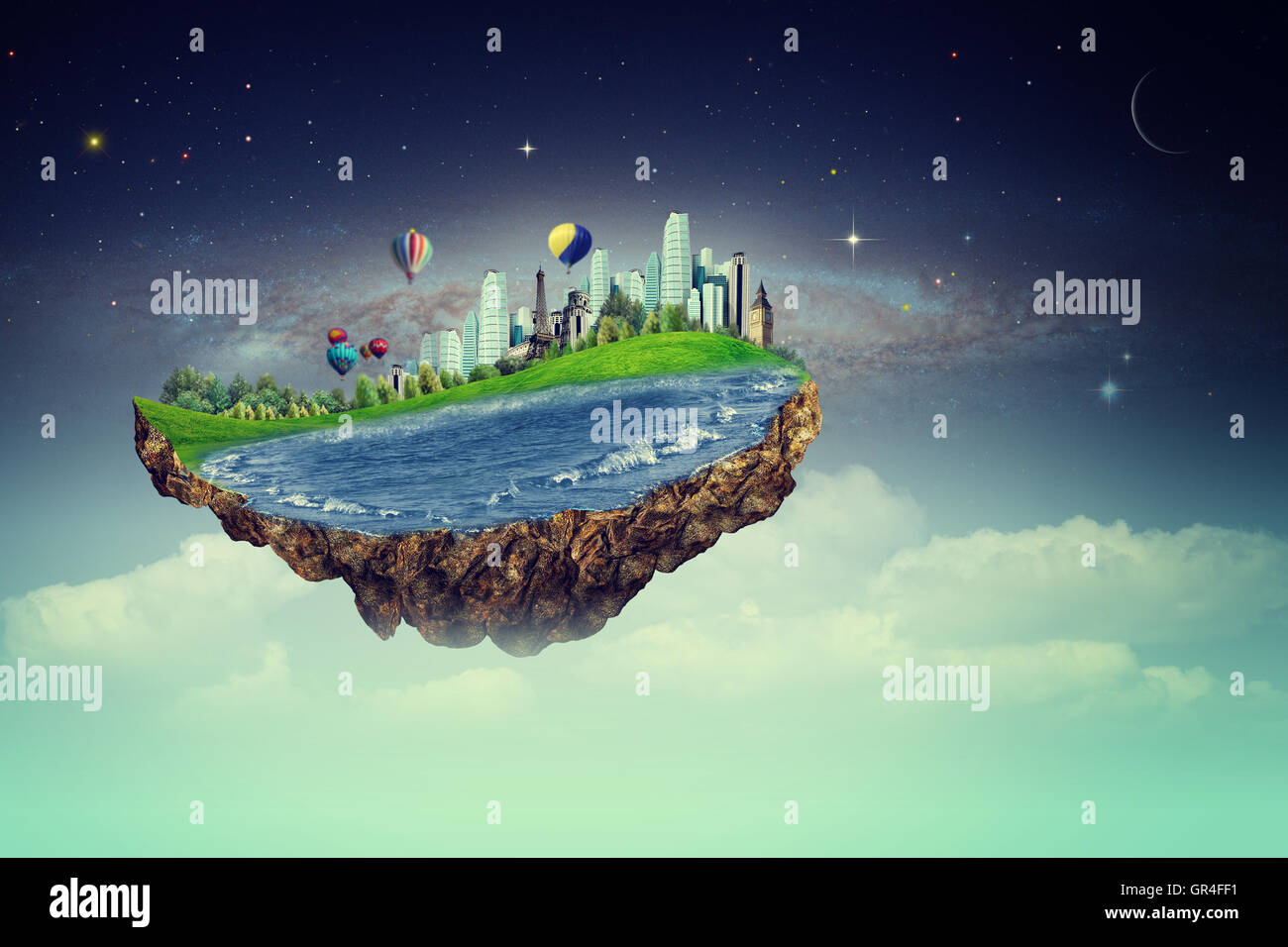 Flying island. Eco concept with fantastic island against beautiful ...