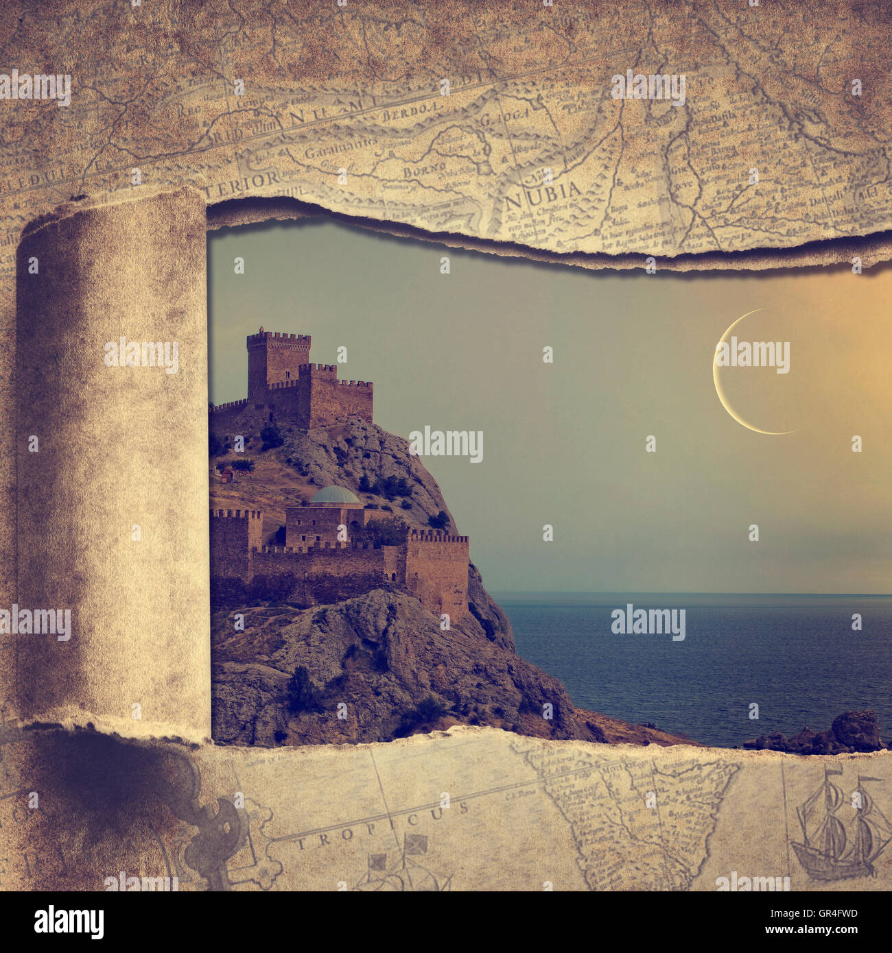 Travel and adventure backgrounds with vintage map and beautiful castle ...