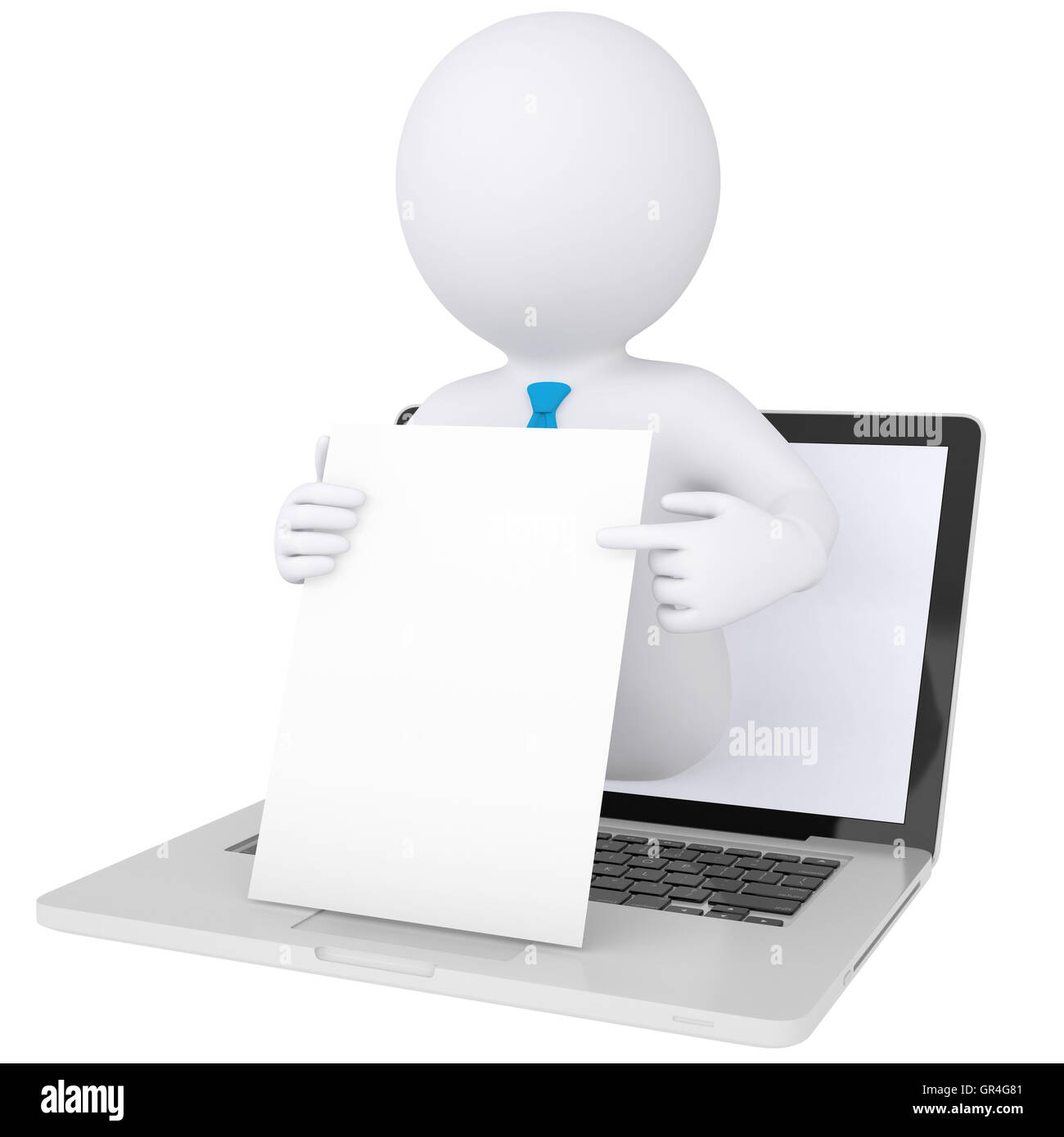 3d man out of computer holding sheet of paper Stock Photo - Alamy