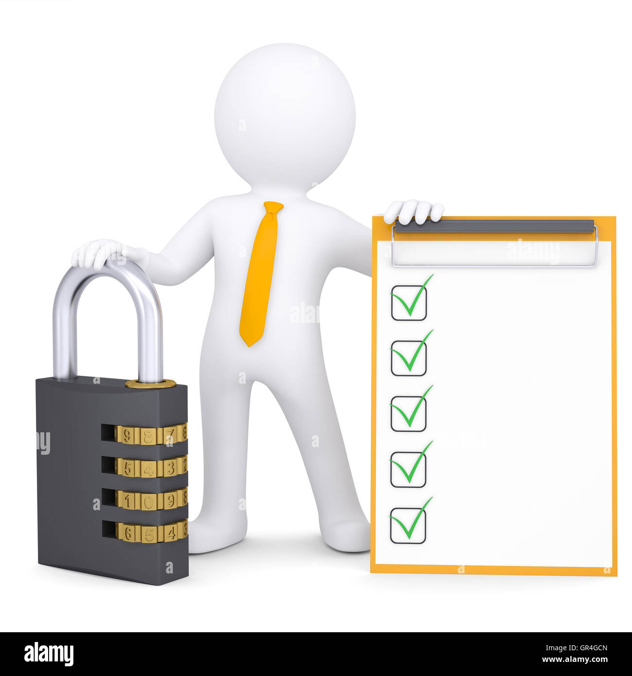 3d white man with combination lock and checklist Stock Photo - Alamy