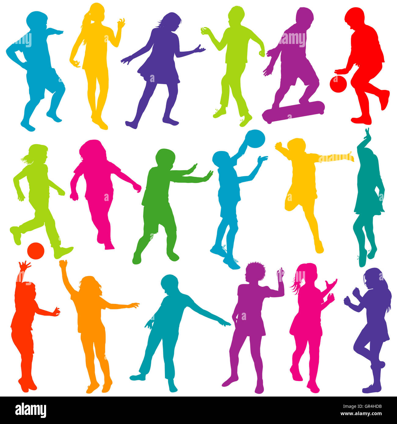 Colored children playing silhouettes set Stock Photo - Alamy