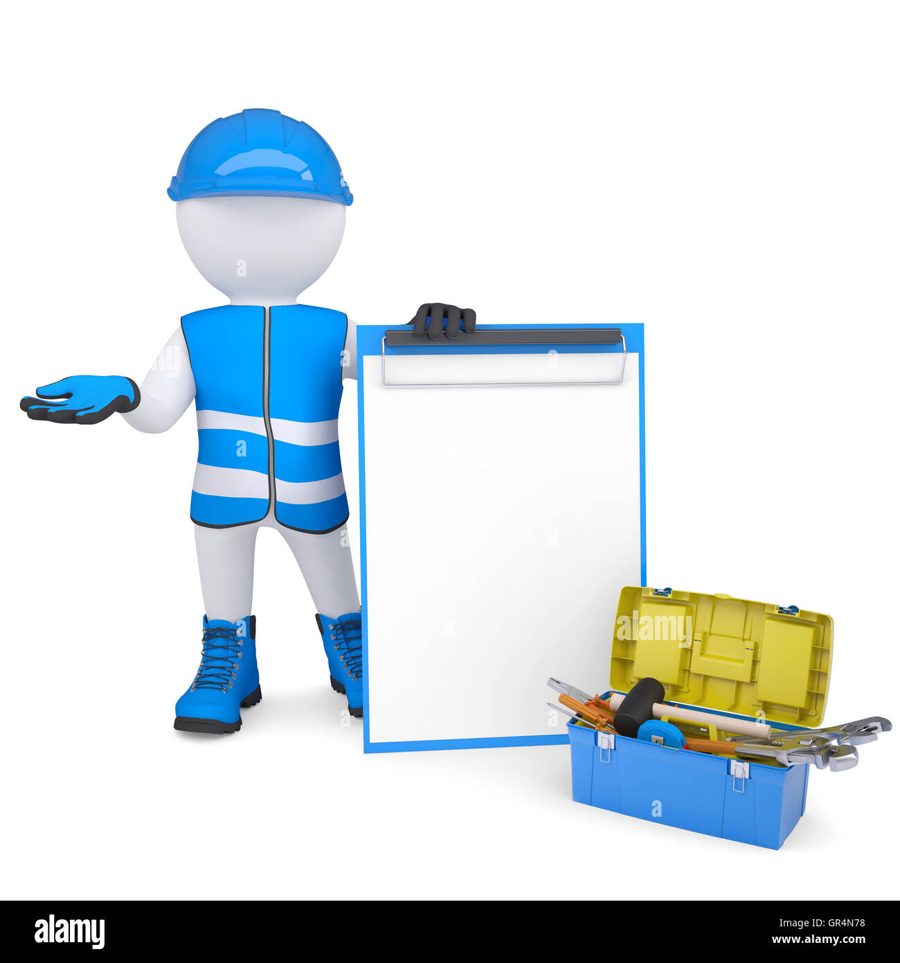 3d white man in overalls with checklists and tools Stock Photo - Alamy