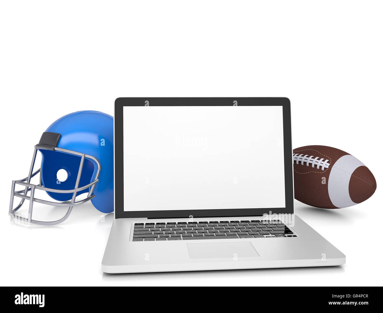 Laptop, football helmet and ball Stock Photo - Alamy