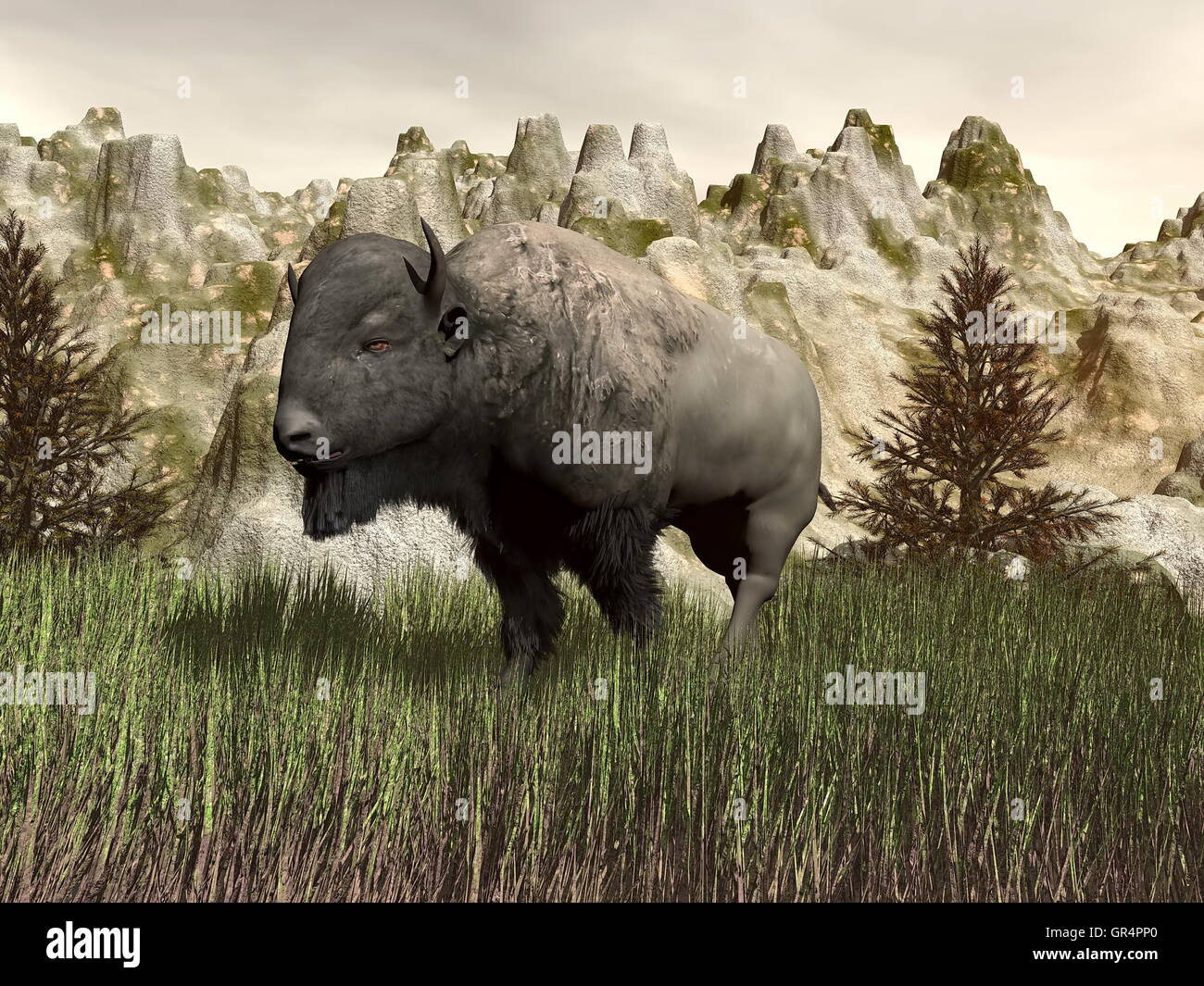 Bison in the nature - 3D render Stock Photo - Alamy
