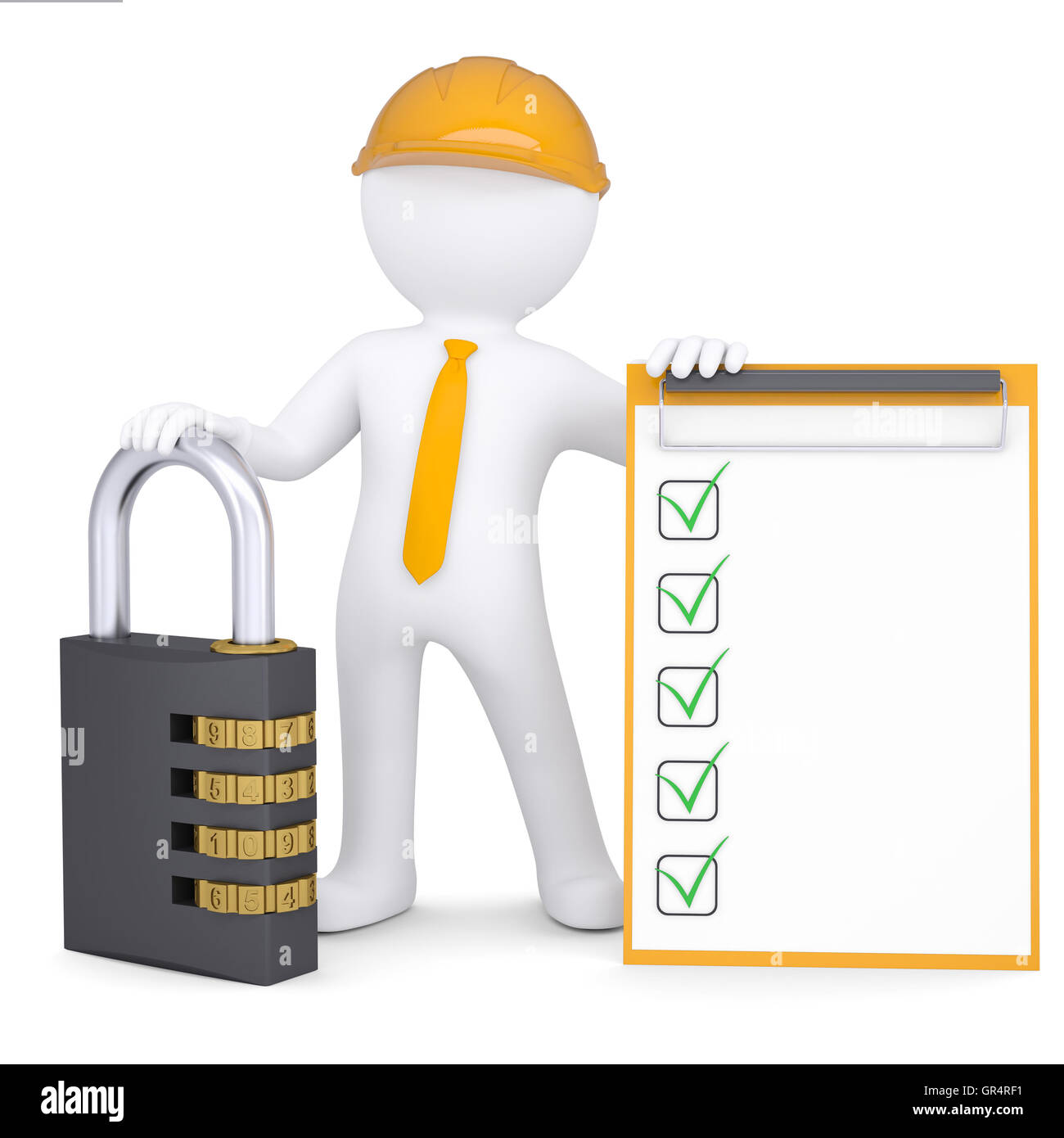3d man in helmet with lock and checklist Stock Photo - Alamy