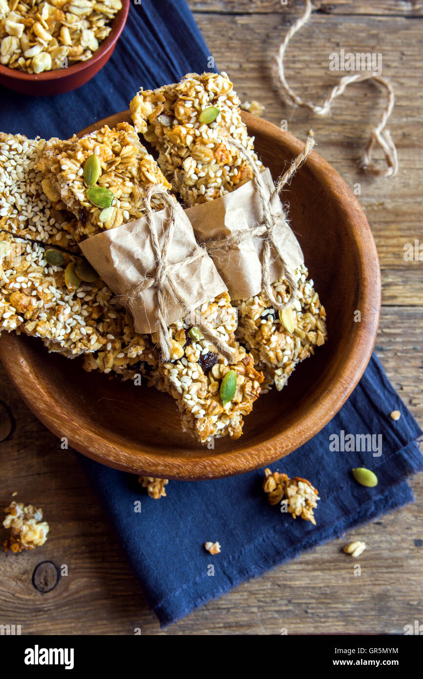 Healthy vegetarian snack - organic homemade granola bars on rustic ...