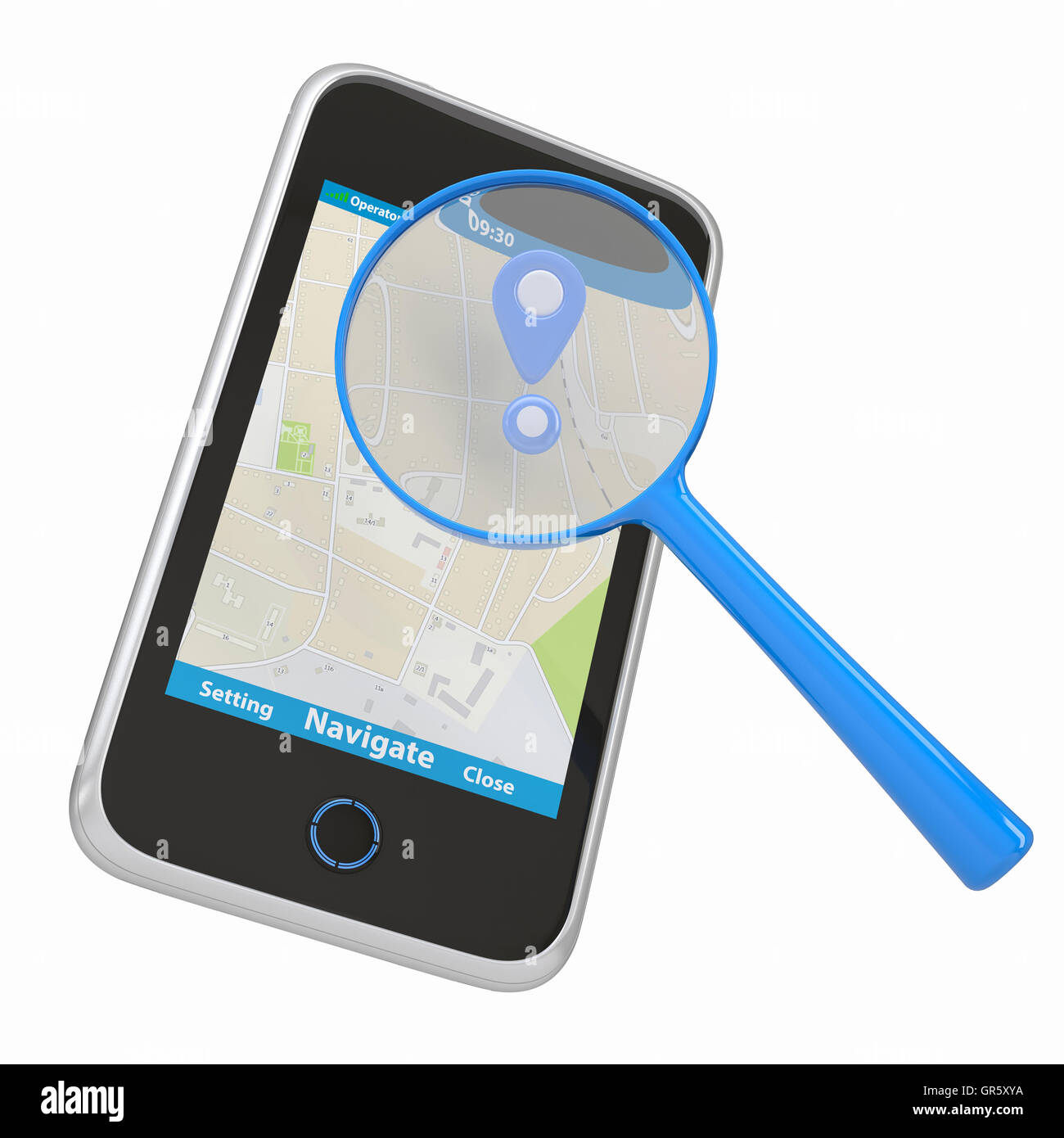 Smartphone with navigation map and a magnifying glass Stock Photo - Alamy